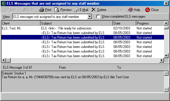 Screenshot of the ELS Messages window