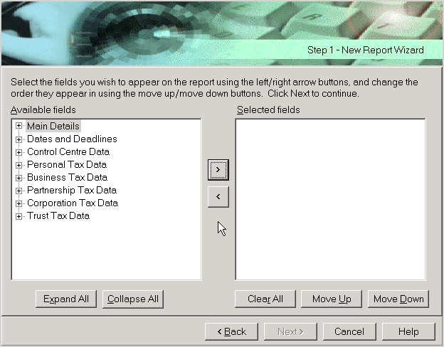 Screenshot - New Report Wizard Step 1