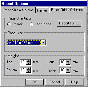 Screenshot of the Report Options - Page Size & Margins Page