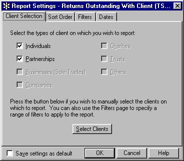 Screenshot of the Report Settings - Client Selection Page