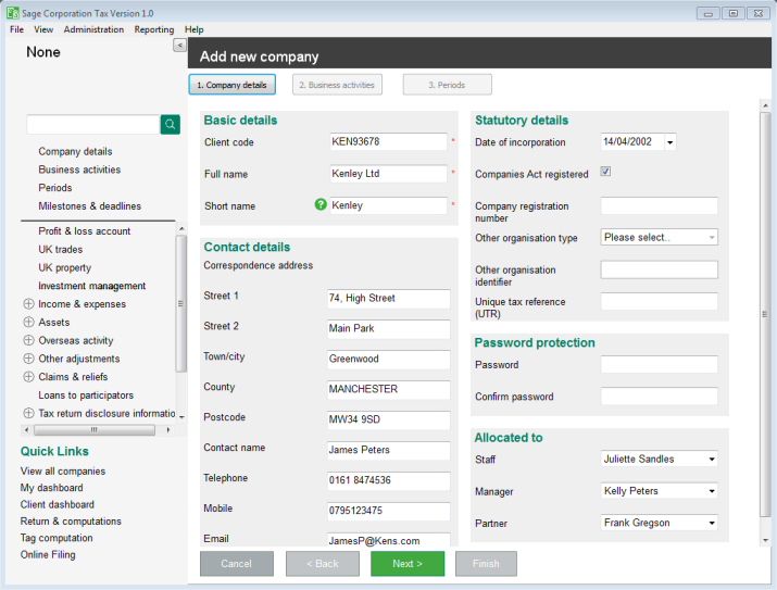Sage Corporation Tax workflow